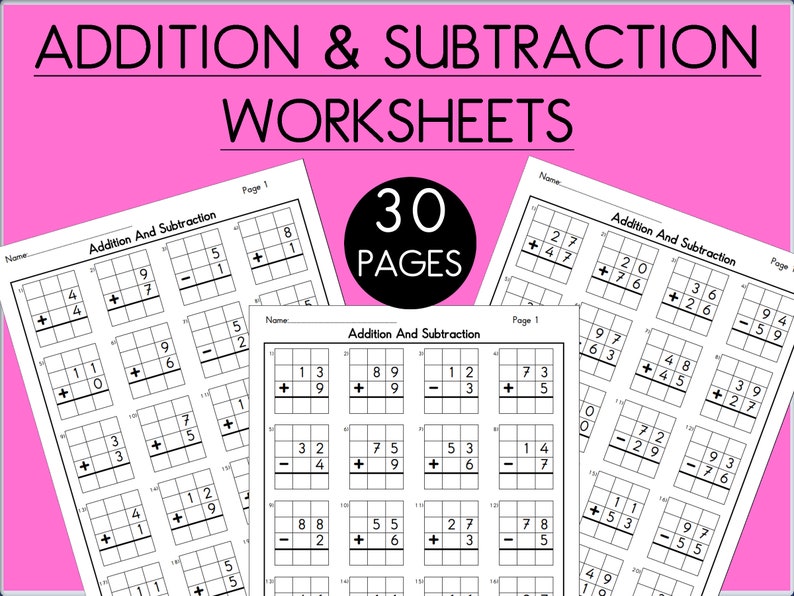 Addition and Subtraction Math Worksheets. 1 Digit & 2 Digit 30 Pages ...