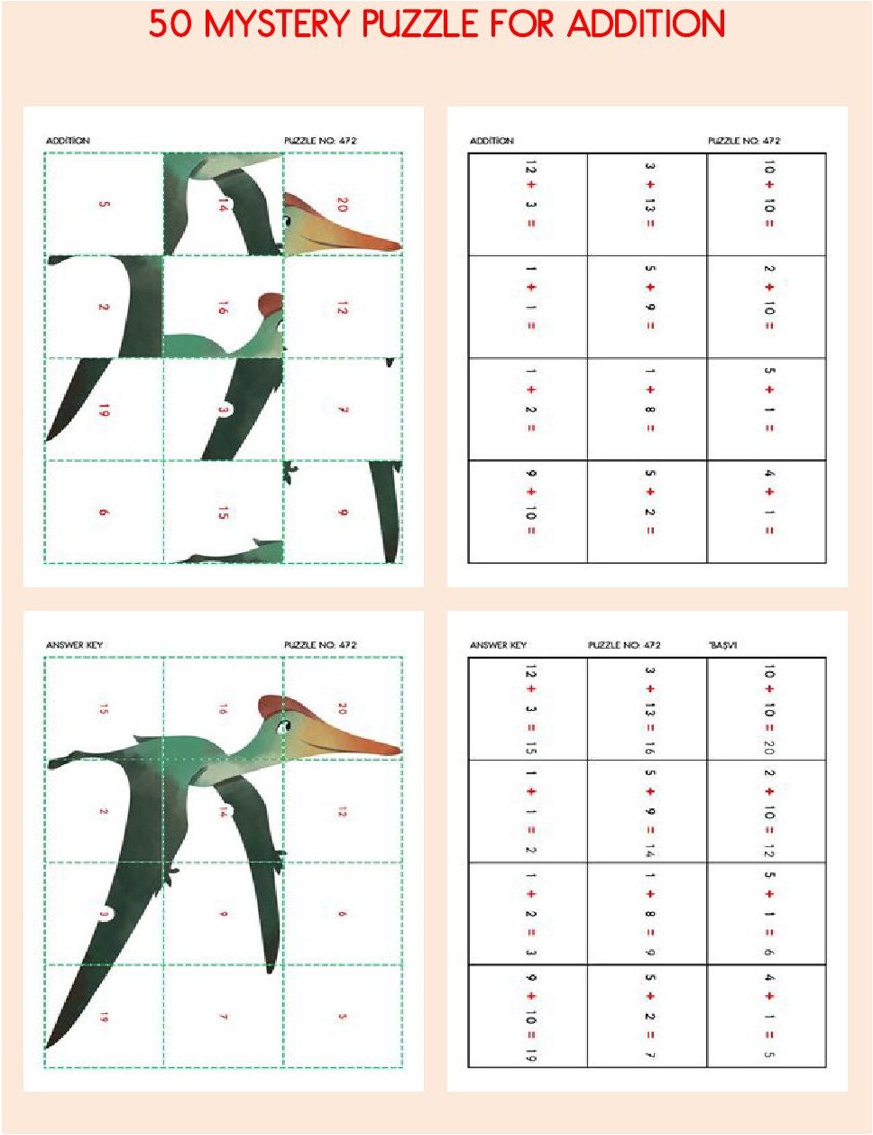 50 Puzzle for 1 Digit Addition. Addition adding Animal Puzzles for Kids ...