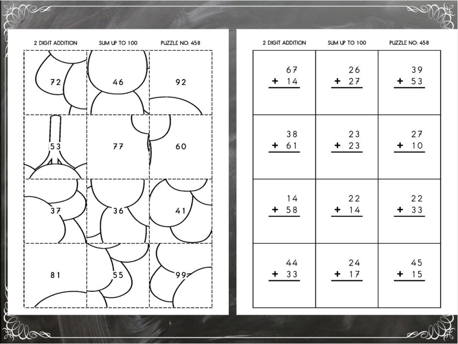 2 Digit Addition Puzzle (black & White) Sum up to 100. Addition (adding ...