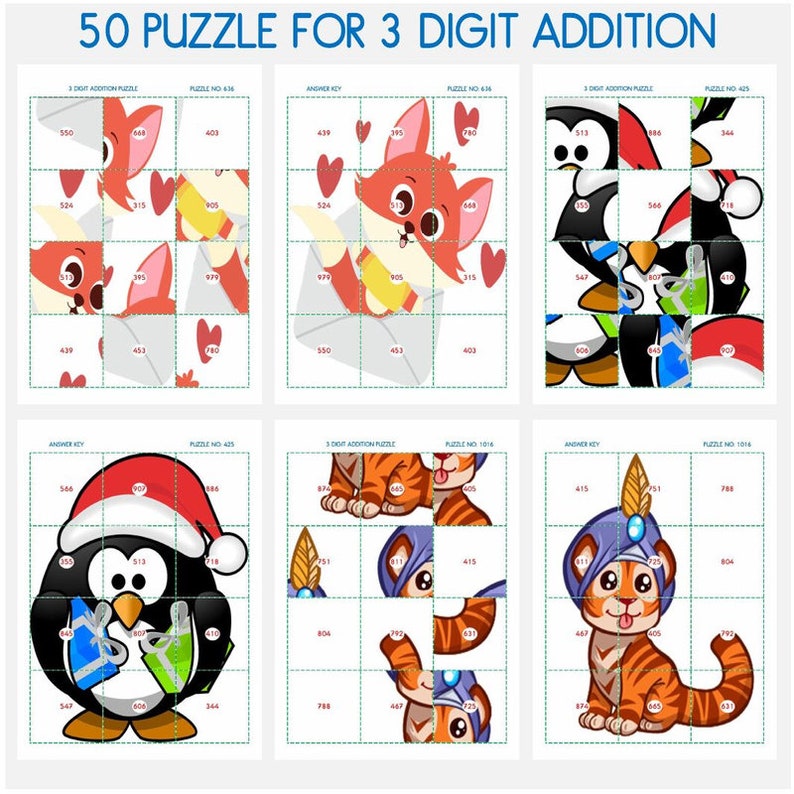 50 Puzzle for 3 Digit Addition. Addition (adding) Animal Puzzles for ...