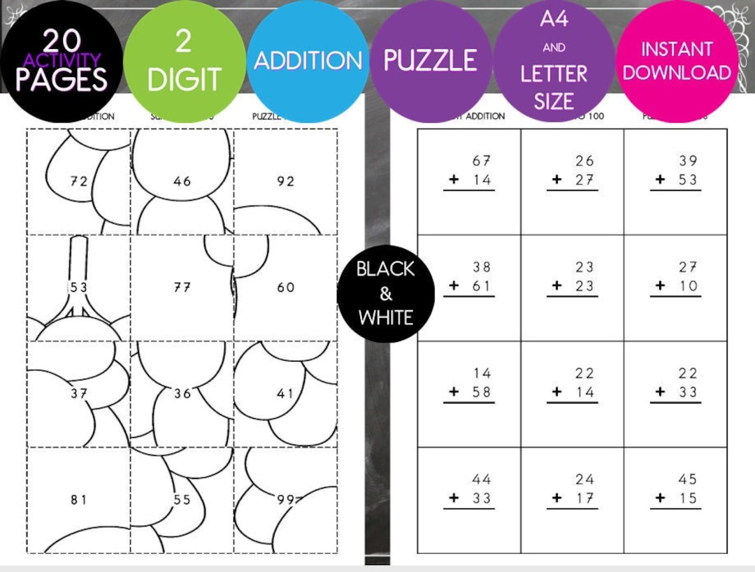 2 Digit Addition Puzzle (black & White) Sum up to 100. Addition (adding ...