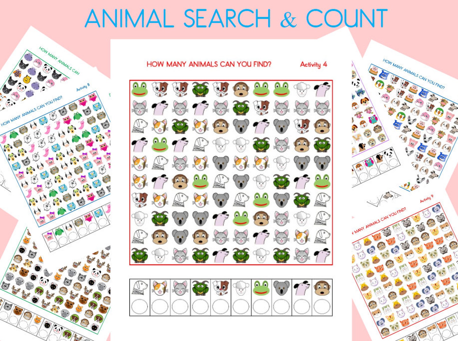 Printable Animals Search and Count, Counting, Coloring, Homeschool ...