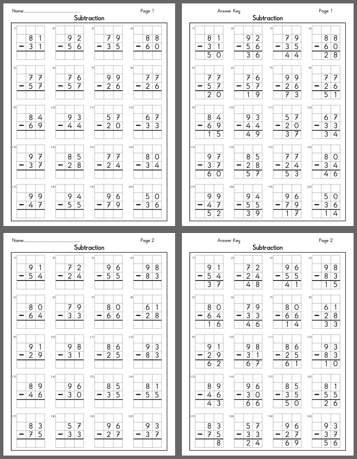 Subtraction Worksheets. 40 Printable Worksheets. Numbers 1-20 & Numbers ...