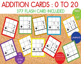 Addition Cards - Numbers 0 to 20 - Printable - Flash Cards - Preschool ...