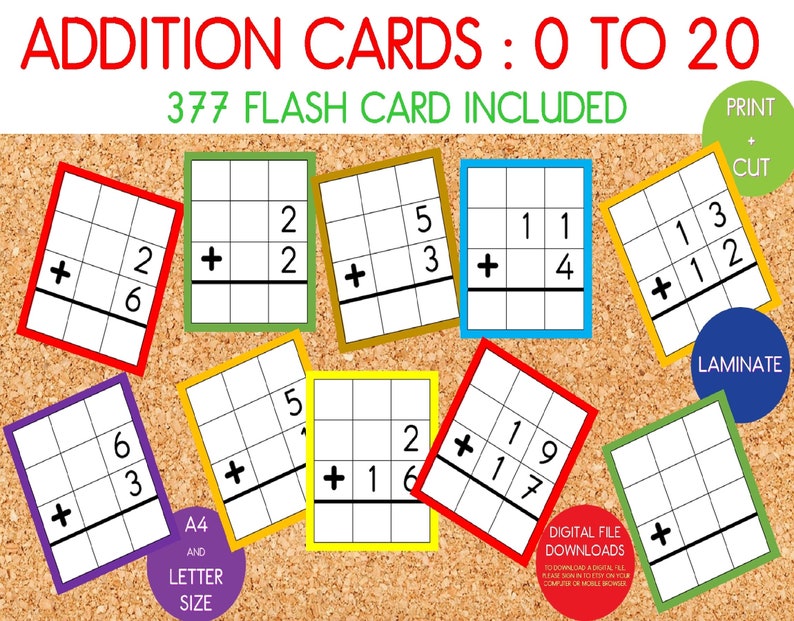 Addition Flash Cards • Numbers 0 to 20 • Printable • Preschool ...