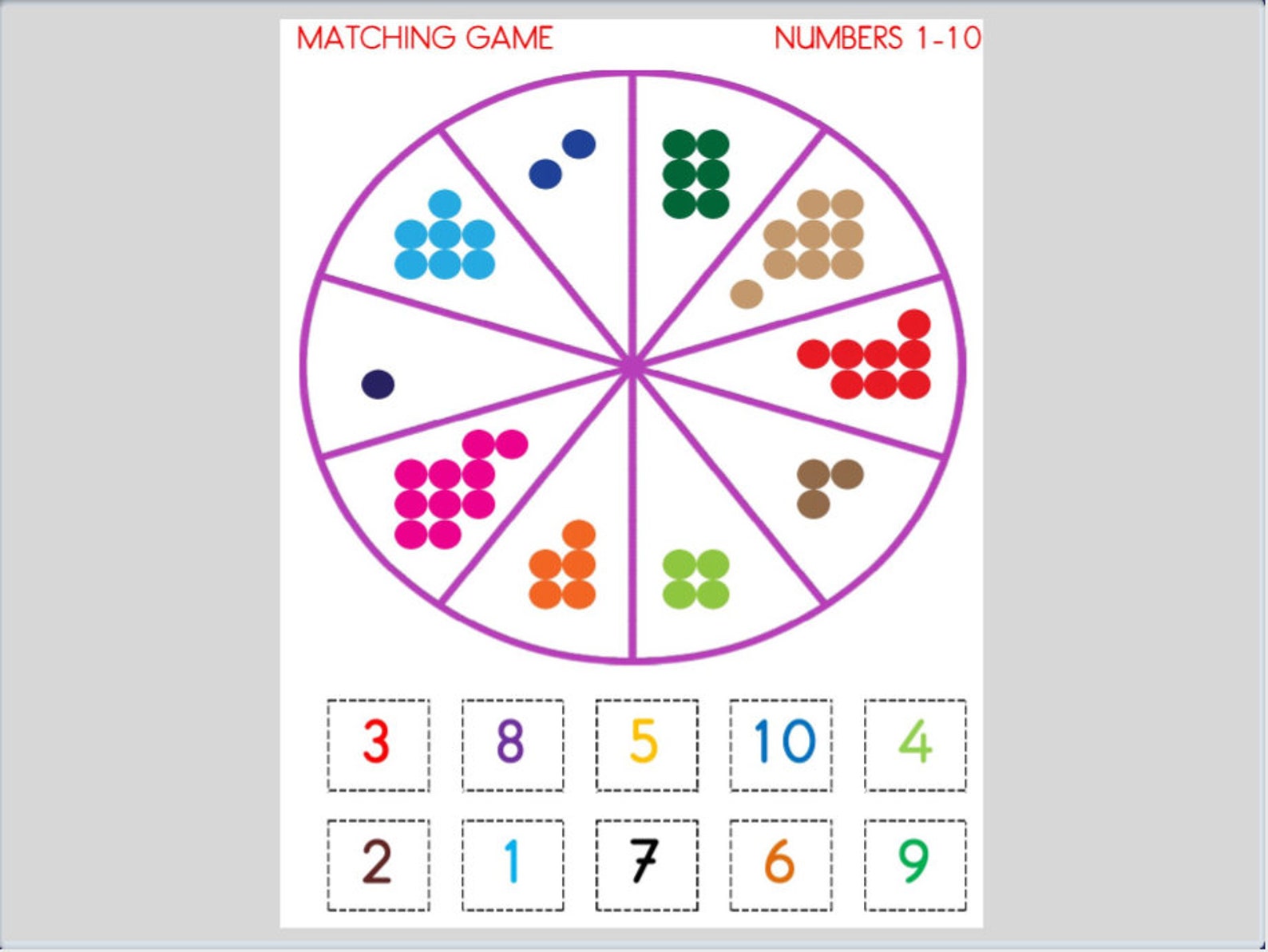 Matching Game, Number 1-10, Preschool, Kindergarten, Homeschool ...