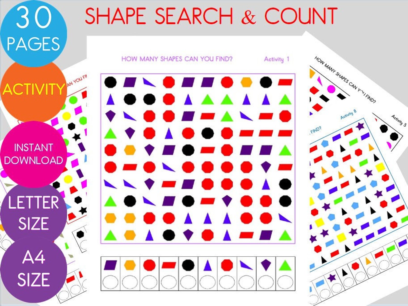 Printable Shapes Search and Count, Counting, Coloring, Homeschool, Kids ...