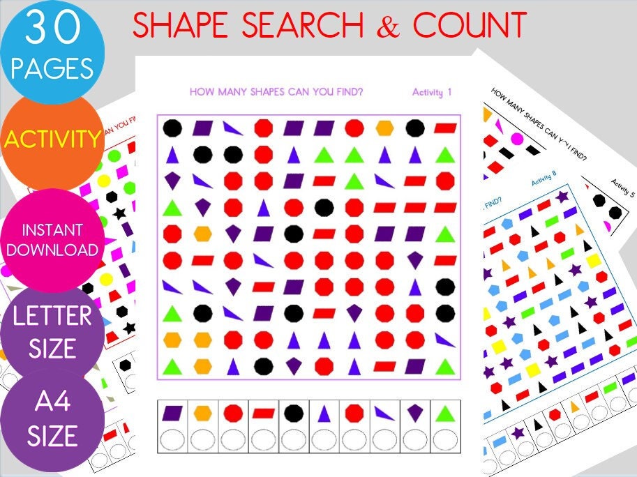 Printable Shapes Search and Count, Counting, Coloring, Homeschool, Kids ...