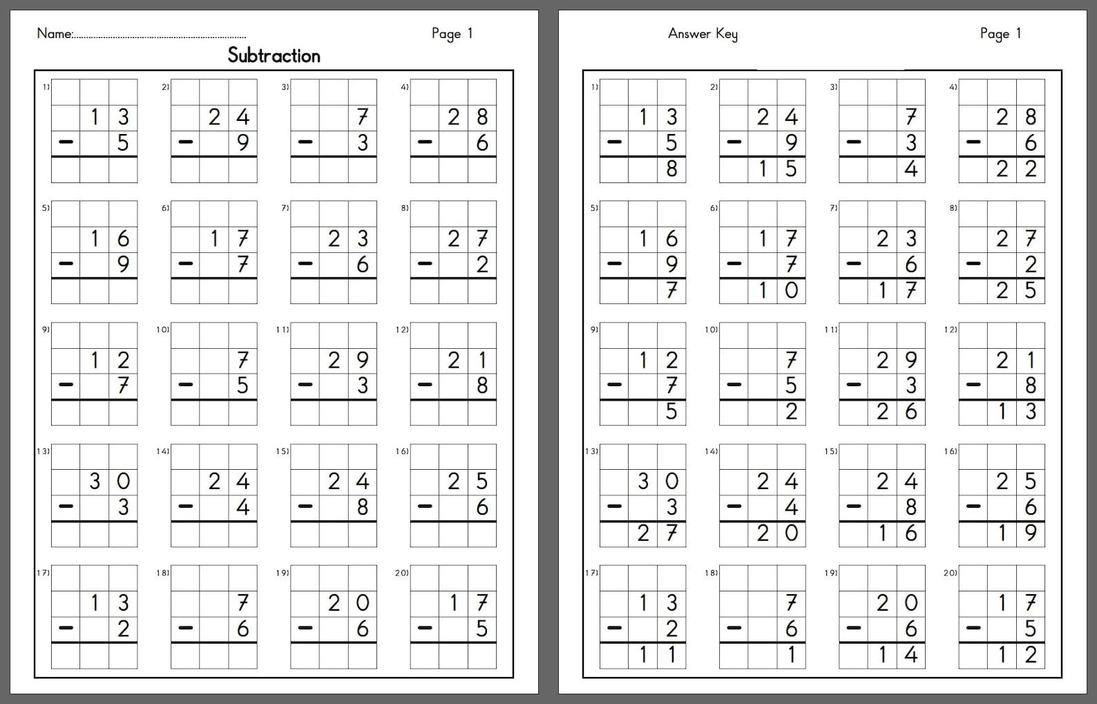 Subtraction Worksheets. 40 Printable Worksheets. Numbers 1-20 & Numbers ...
