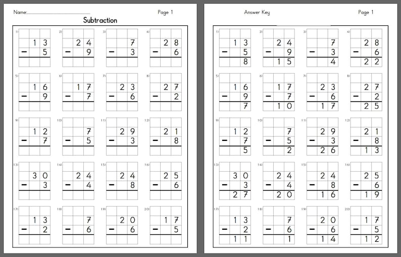 Subtraction Worksheets. 40 Printable Worksheets. Numbers 1-20 & Numbers ...