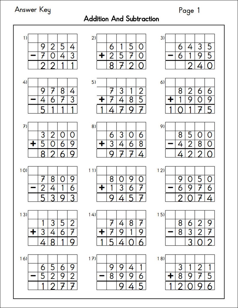 Addition and Subtraction Math Worksheets. 3 Digit & 4 Digit 40 - Etsy