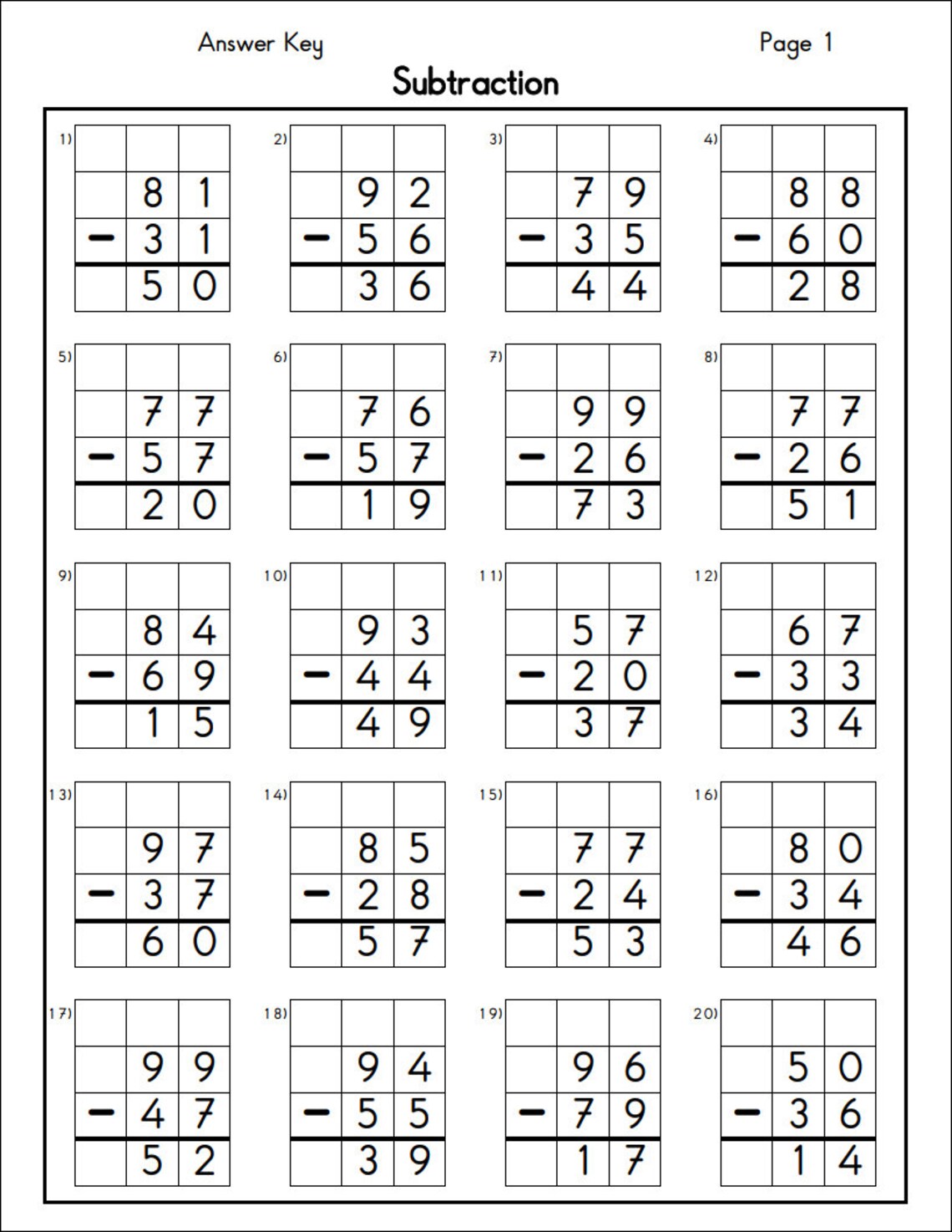 Subtraction Worksheets. 40 Printable Worksheets. Numbers 1-20 & Numbers ...