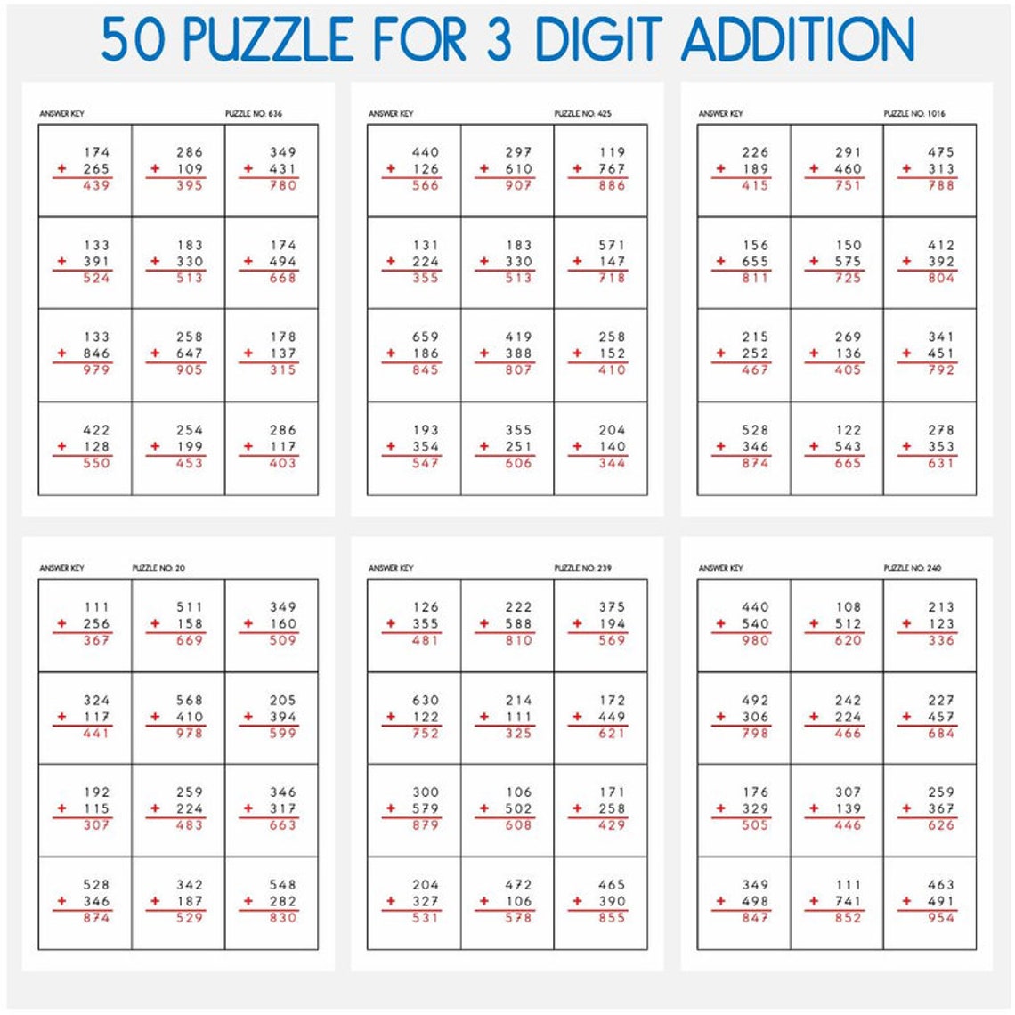50 Puzzle for 3 Digit Addition. Addition adding Animal - Etsy