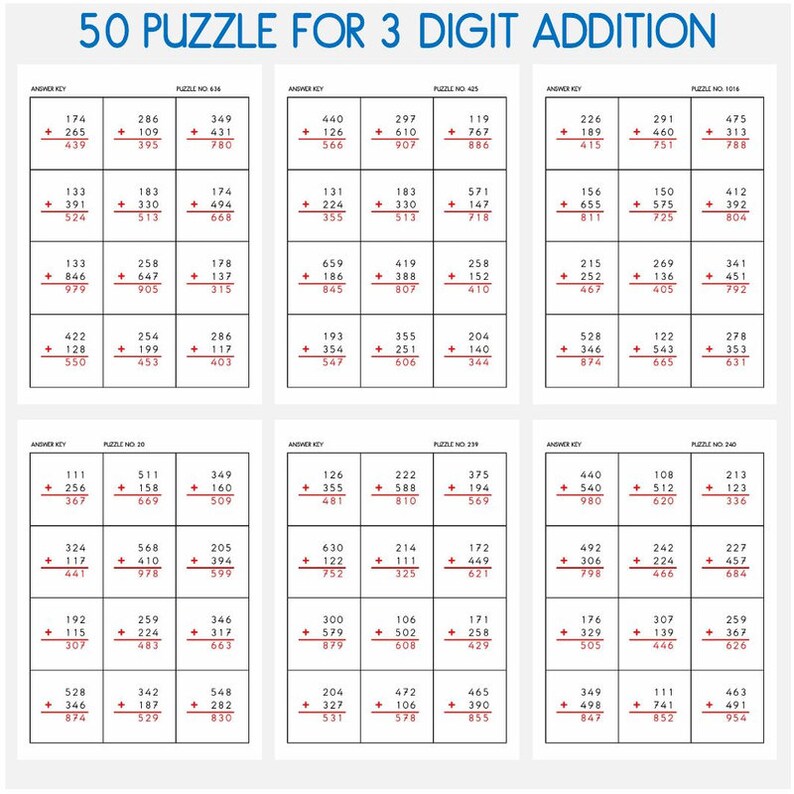 50 Puzzle for 3 Digit Addition. Addition (adding) Animal Puzzles for ...