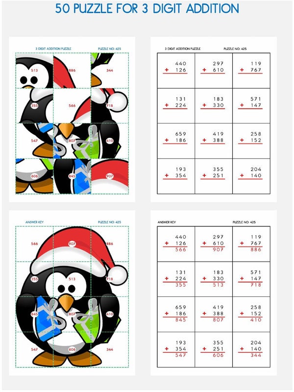50 Puzzle for 3 Digit Addition. Addition (adding) Animal Puzzles for ...