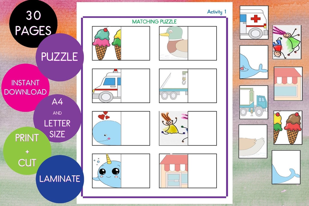 30 Matching Puzzle Printable, Activity, Worksheet Homeschool, Toddler ...
