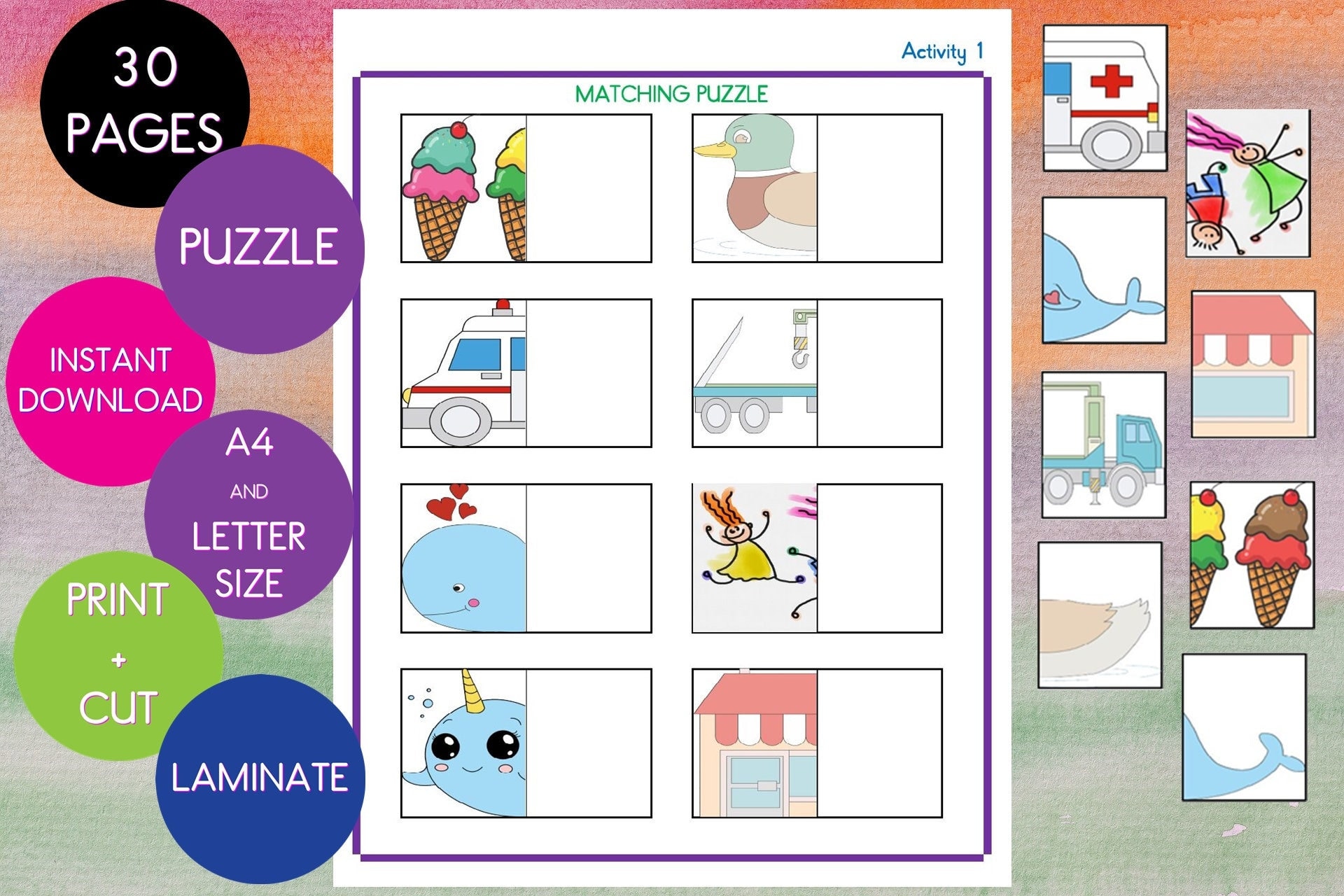 30 Matching Puzzle Printable Activity Worksheet Homeschool - Etsy
