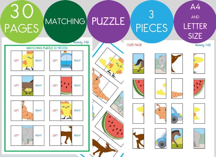 Matching Puzzle Printable,30 Pages,3 Pieces, Activity, Worksheet ...