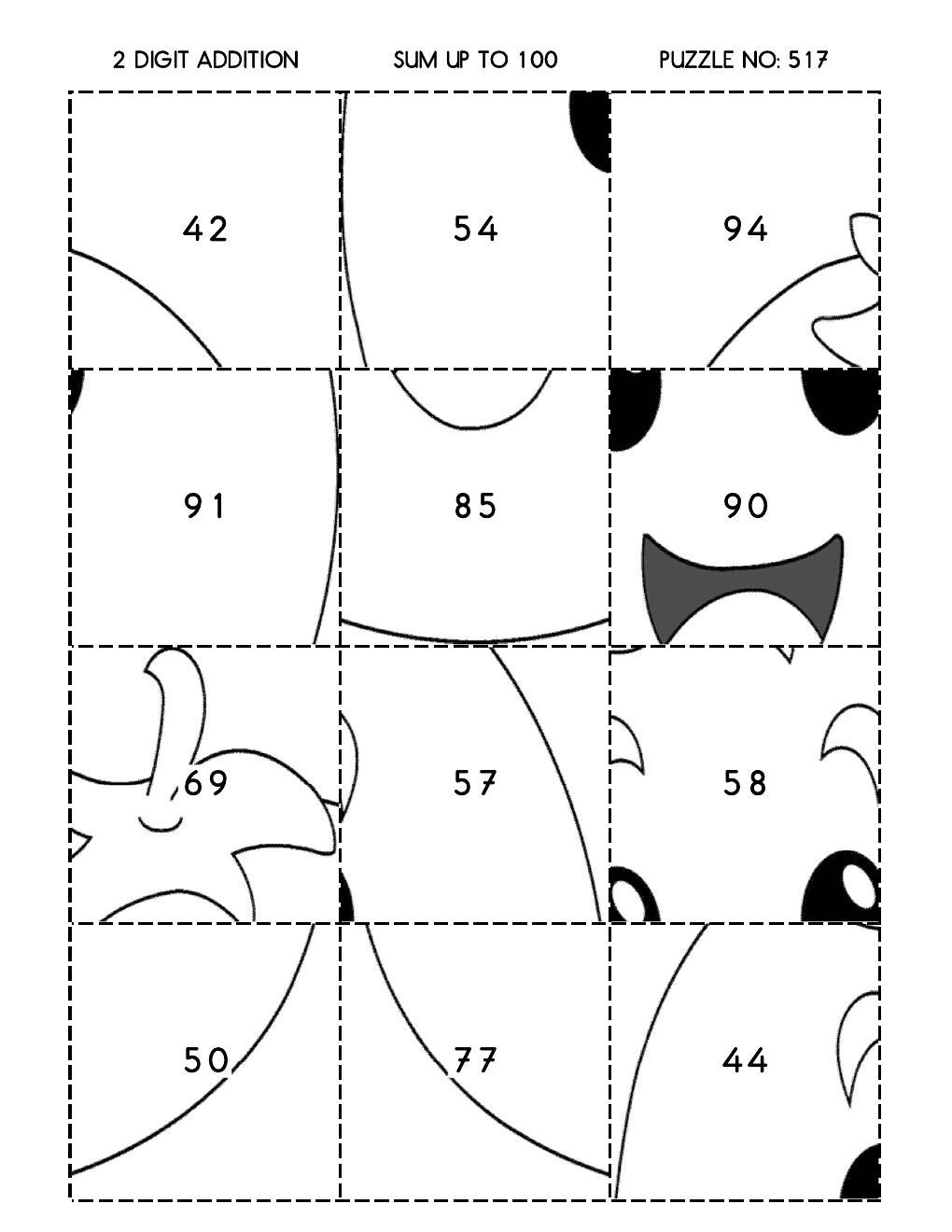 2 Digit Addition Puzzle (black & White) Sum up to 100. Addition (adding ...