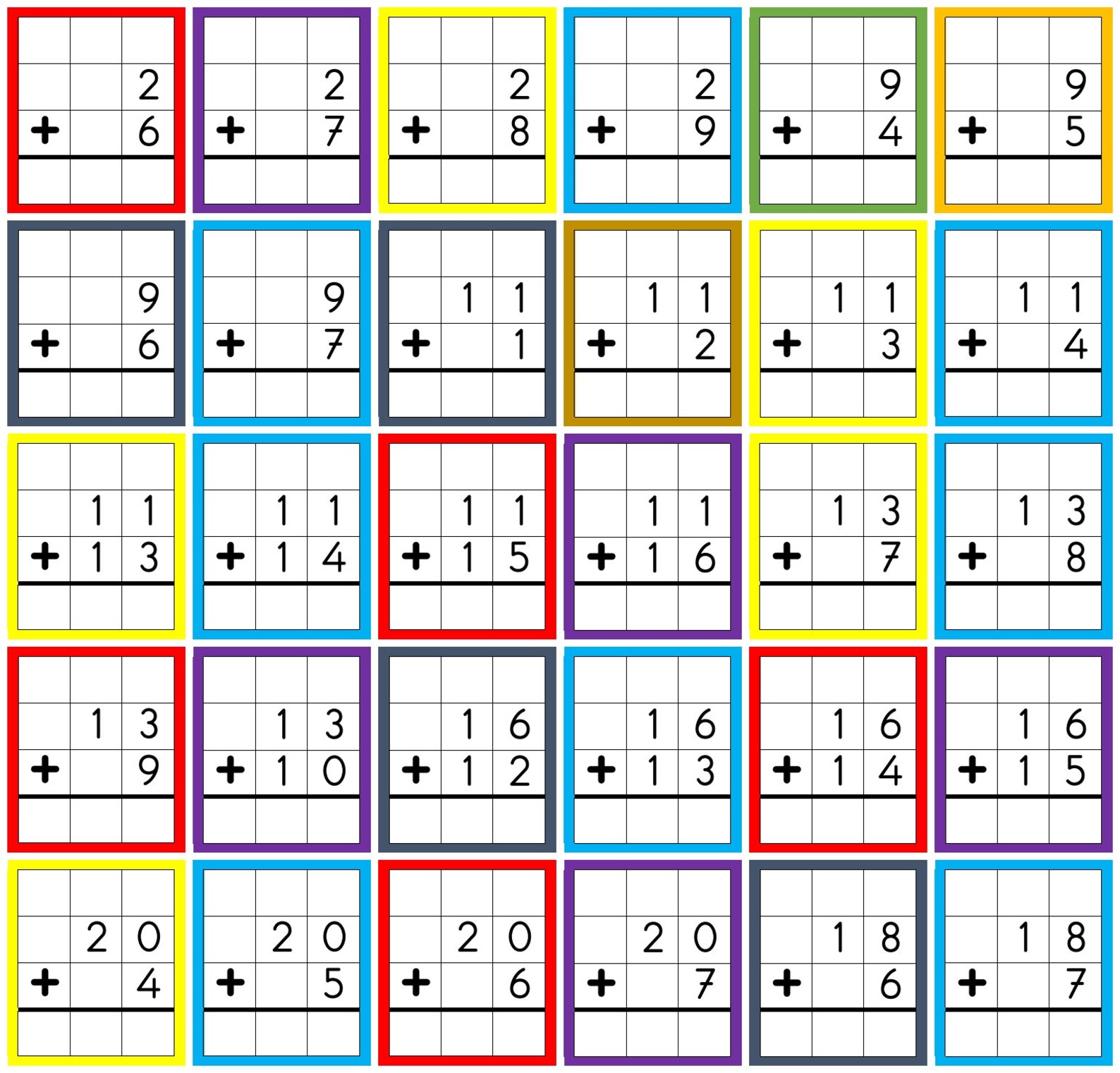 Addition Flash Cards Numbers 0 to 20 Printable Preschool Homeschool ...