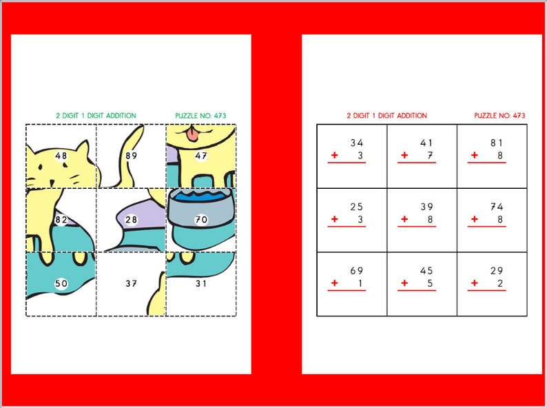 15 Puzzle for 2 and 1 Digit Addition. Addition (adding) Animal Puzzles ...