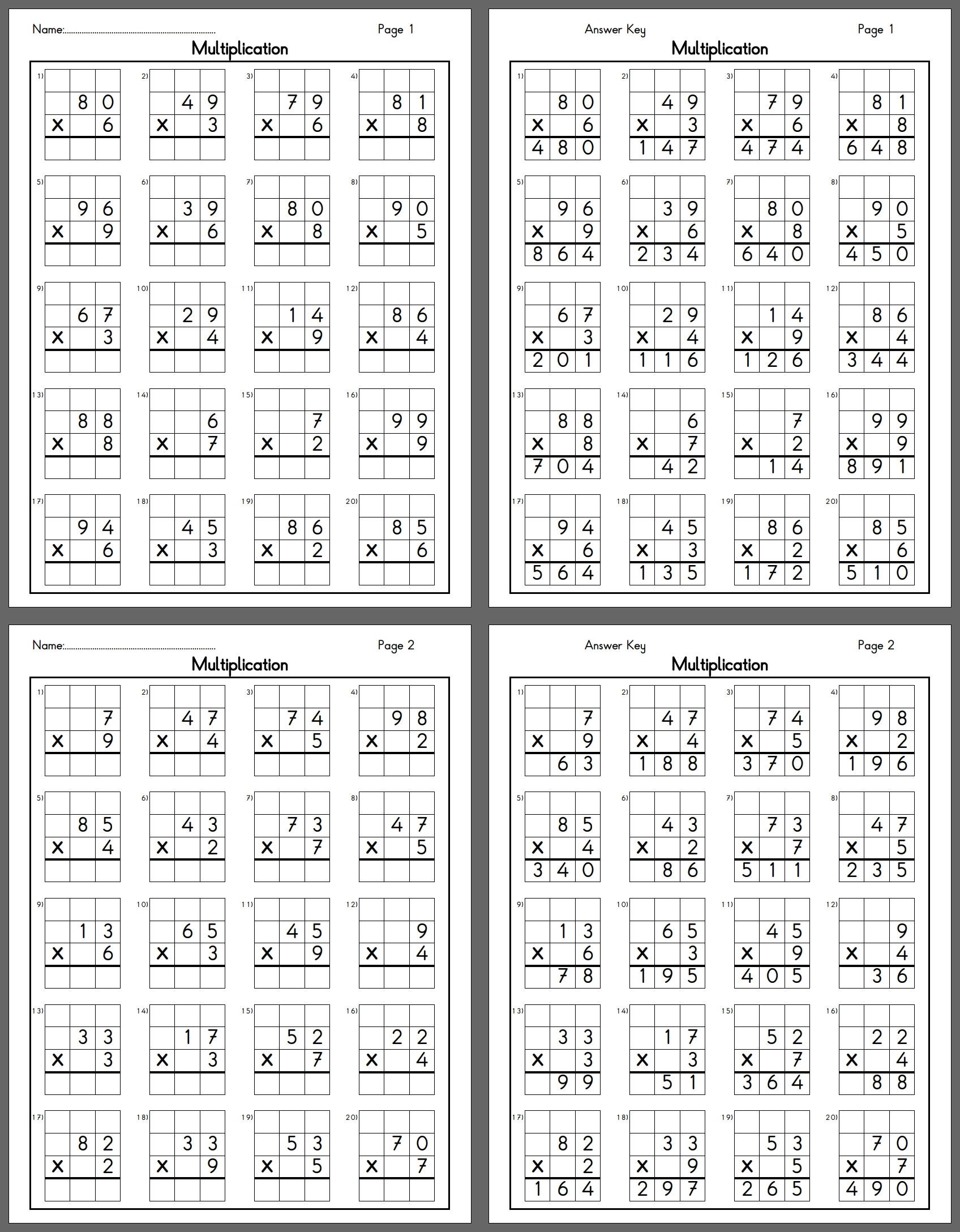 40 Pages Printable Single Digit & Double Digit Multiplication Math ...