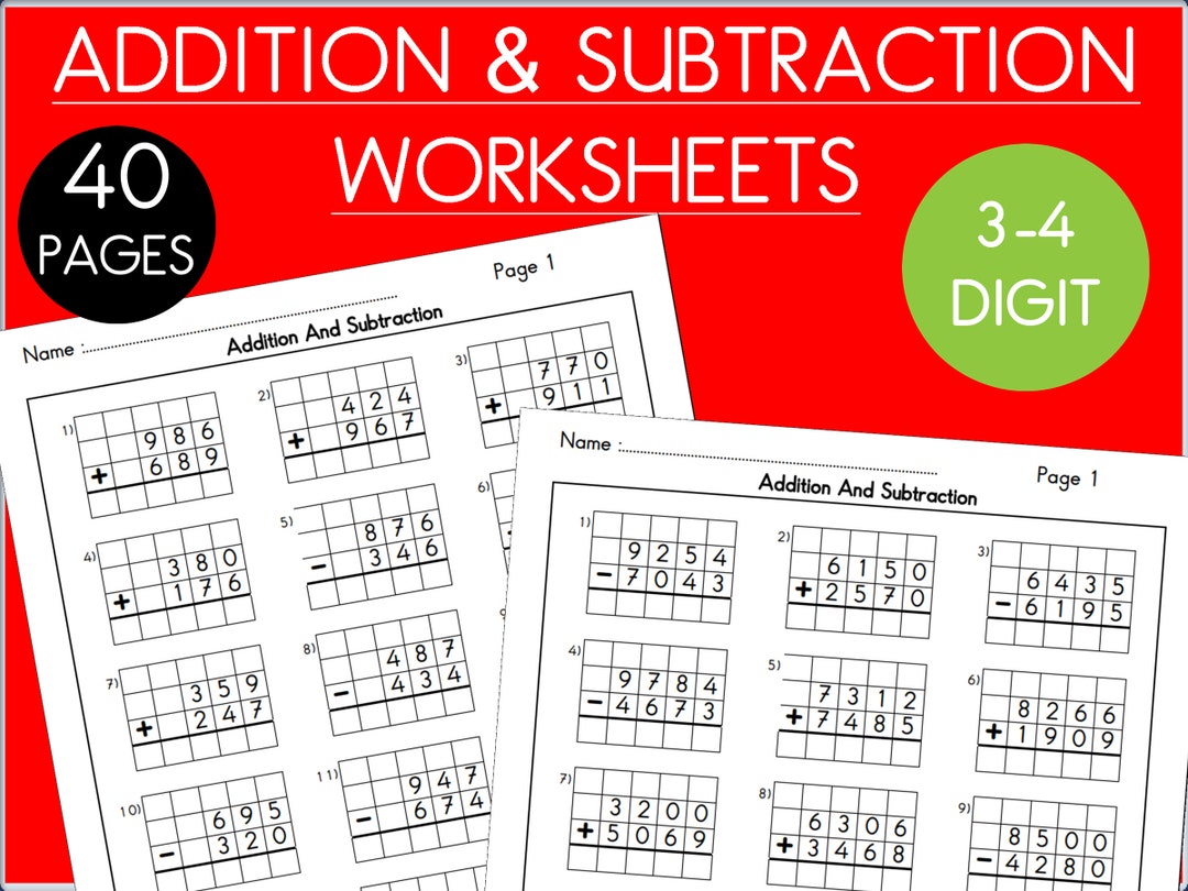 Addition and Subtraction Math Worksheets. 3 Digit & 4 Digit 40 Pages ...