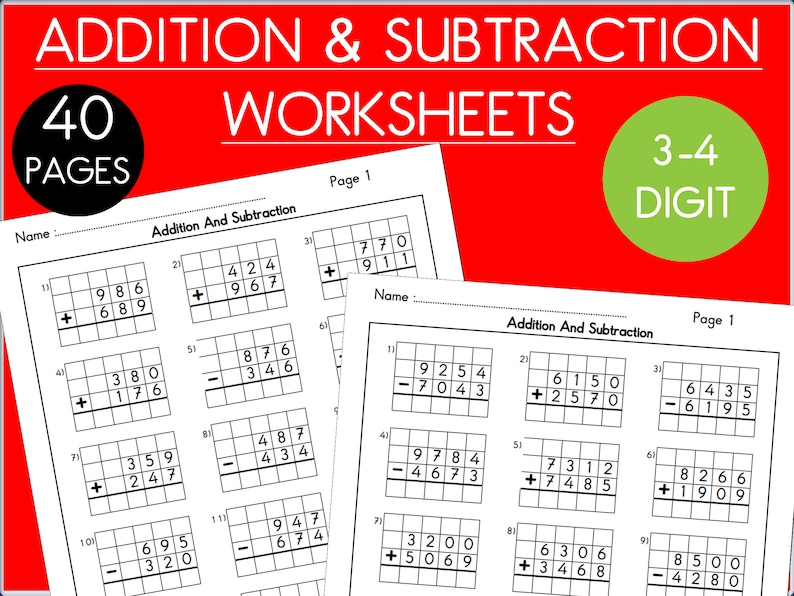 Addition and Subtraction Math Worksheets. 3 Digit & 4 Digit 40 Pages ...