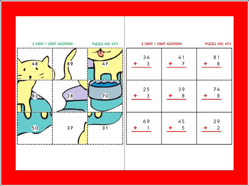 15 Puzzle for 2 and 1 Digit Addition. Addition (adding) Animal Puzzles ...