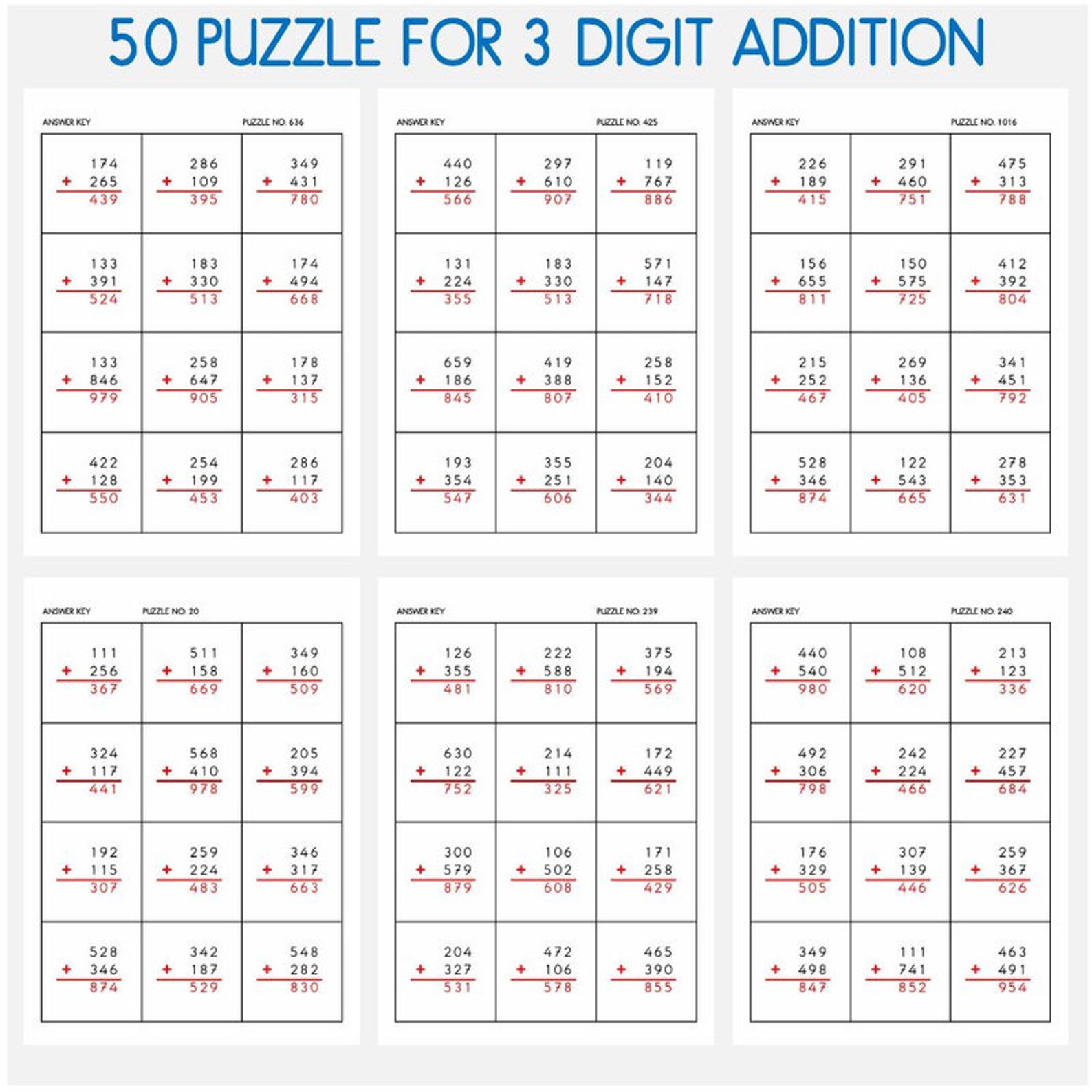 50 Puzzle for 3 Digit Addition. Addition (adding) Animal Puzzles for ...