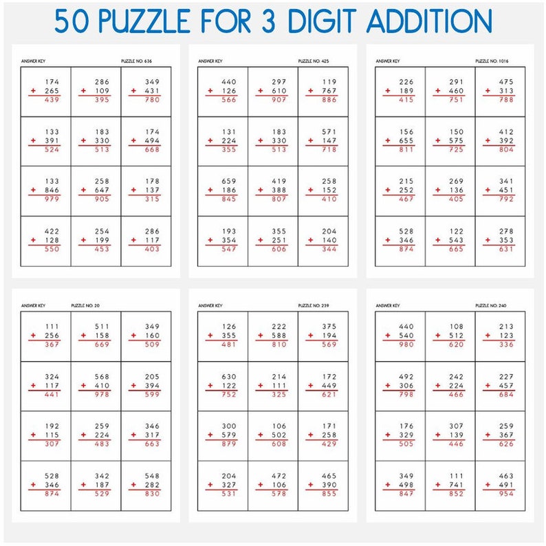 50 Puzzle for 3 Digit Addition. Addition (adding) Animal Puzzles for ...