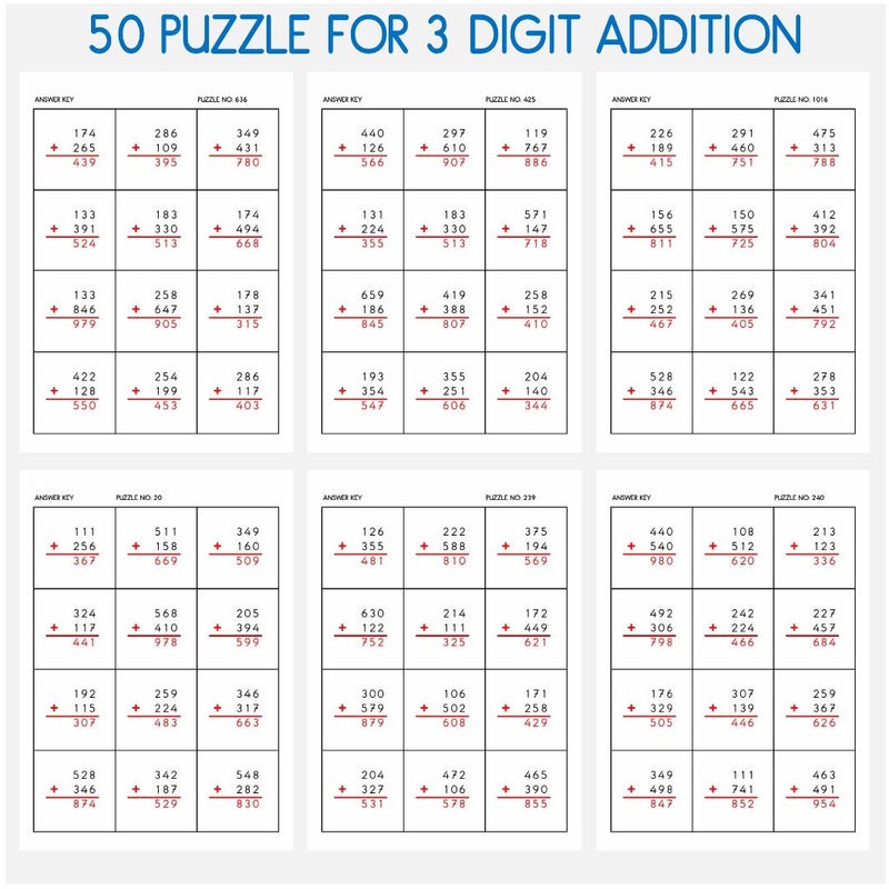 50 Puzzle for 3 Digit Addition. Addition (adding) Animal Puzzles for ...