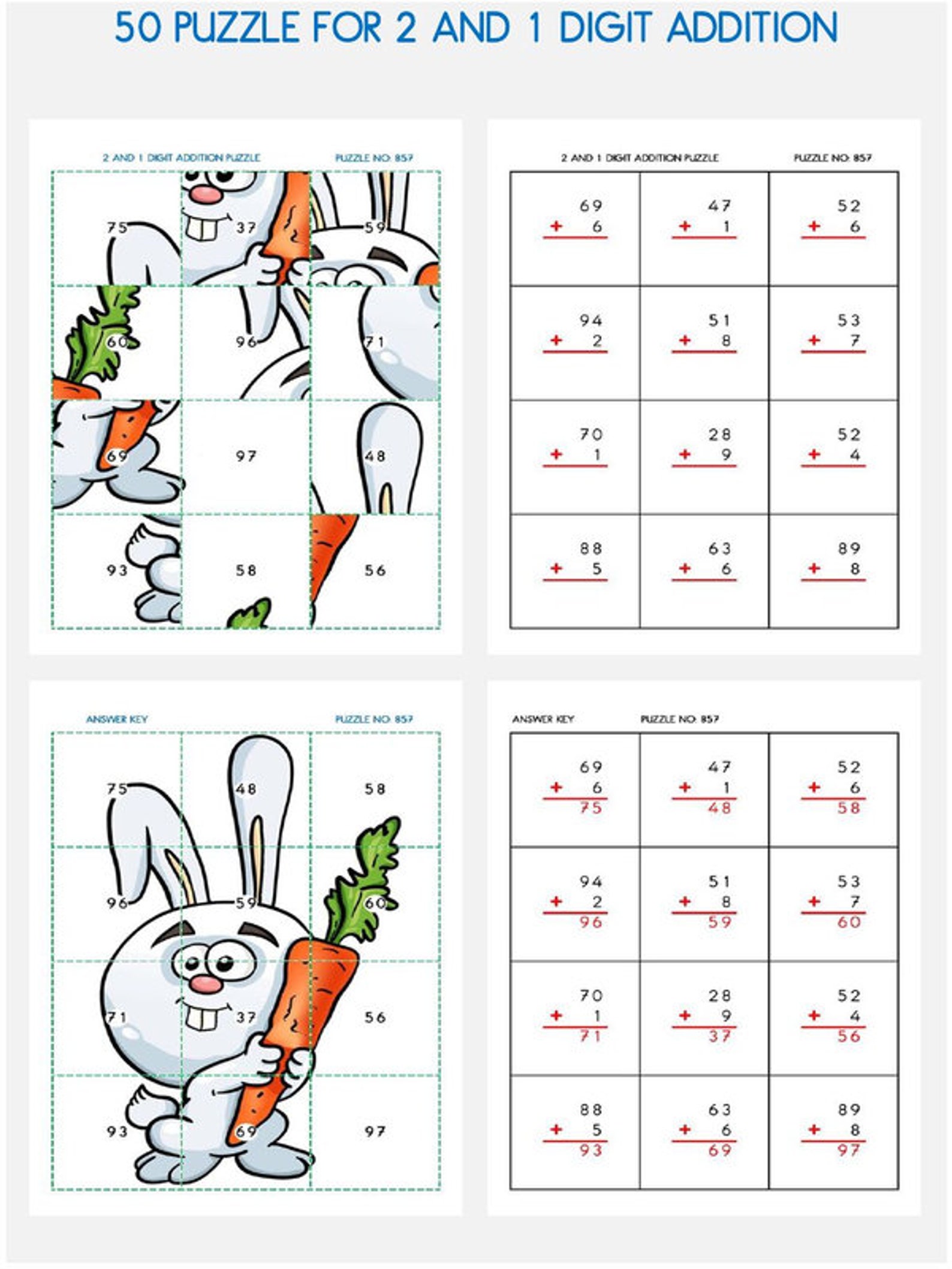 50 Puzzle for 2 and 1 Digit Addition. Addition (adding) Animal Puzzles ...