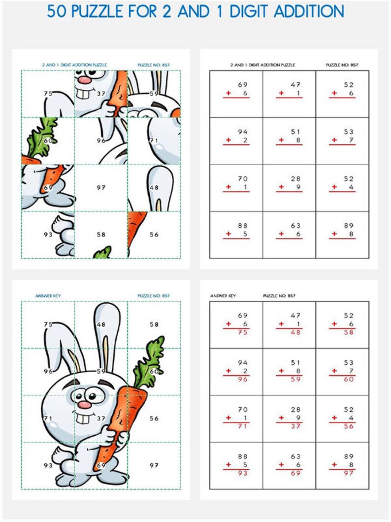 50 Puzzle for 2 and 1 Digit Addition. Addition (adding) Animal Puzzles ...
