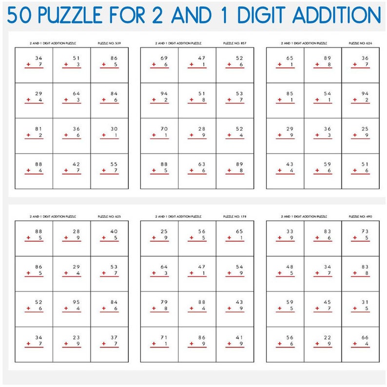 50 Puzzle for 2 and 1 Digit Addition. Addition (adding) Animal Puzzles ...