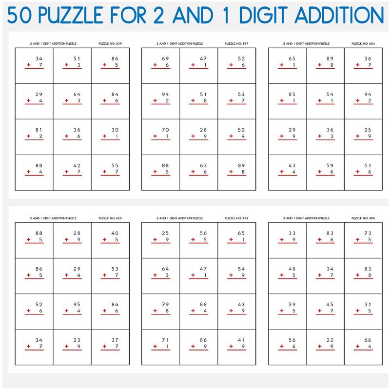50 Puzzle for 2 and 1 Digit Addition. Addition adding Animal Puzzles ...