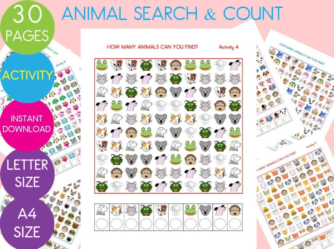 Printable Animals Search and Count, Counting, Coloring, Homeschool ...