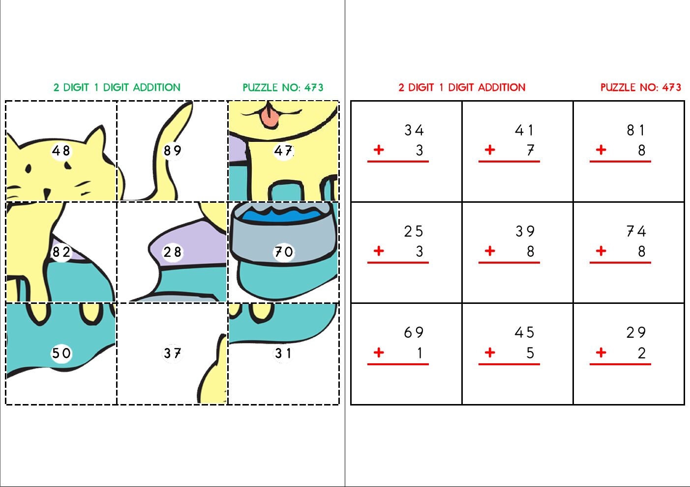 15 Puzzle for 2 and 1 Digit Addition. Addition (adding) Animal Puzzles ...