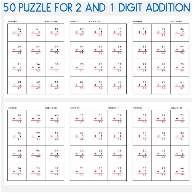 50 Puzzle for 2 and 1 Digit Addition. Addition (adding) Animal Puzzles ...
