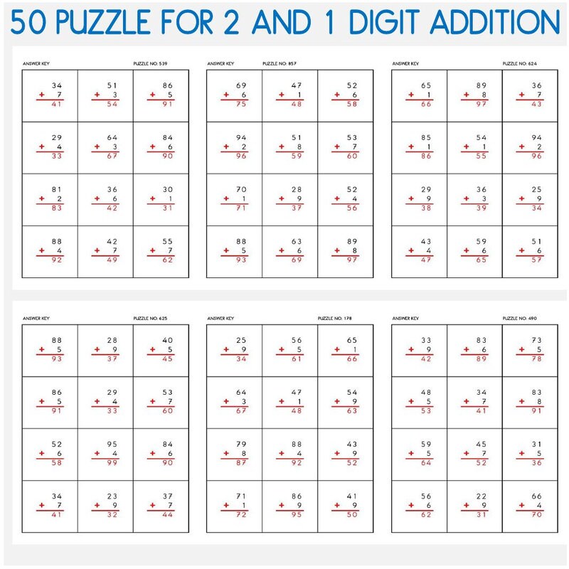 50 Puzzle for 2 and 1 Digit Addition. Addition adding Animal Puzzles ...