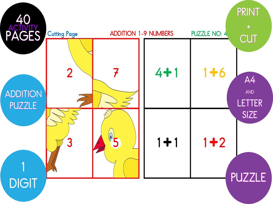 40 Addition Animal Puzzle Preschool Math Worksheets for Kids, Toddler ...