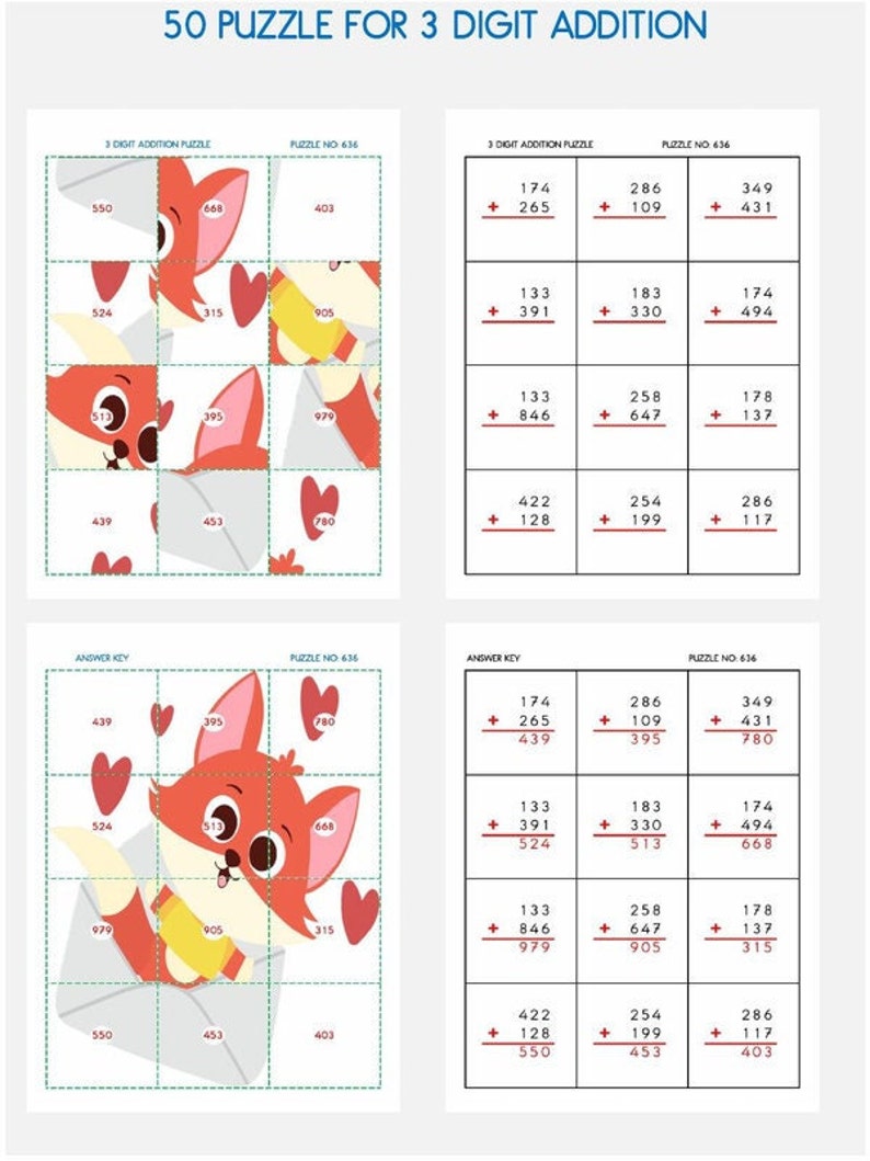 50 Puzzle for 3 Digit Addition. Addition (adding) Animal Puzzles for ...