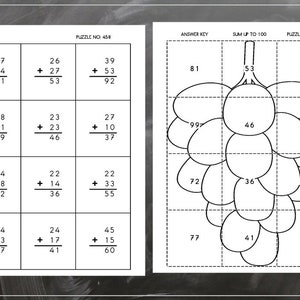 2 Digit Addition Puzzle (black & White) Sum up to 100. Addition (adding ...