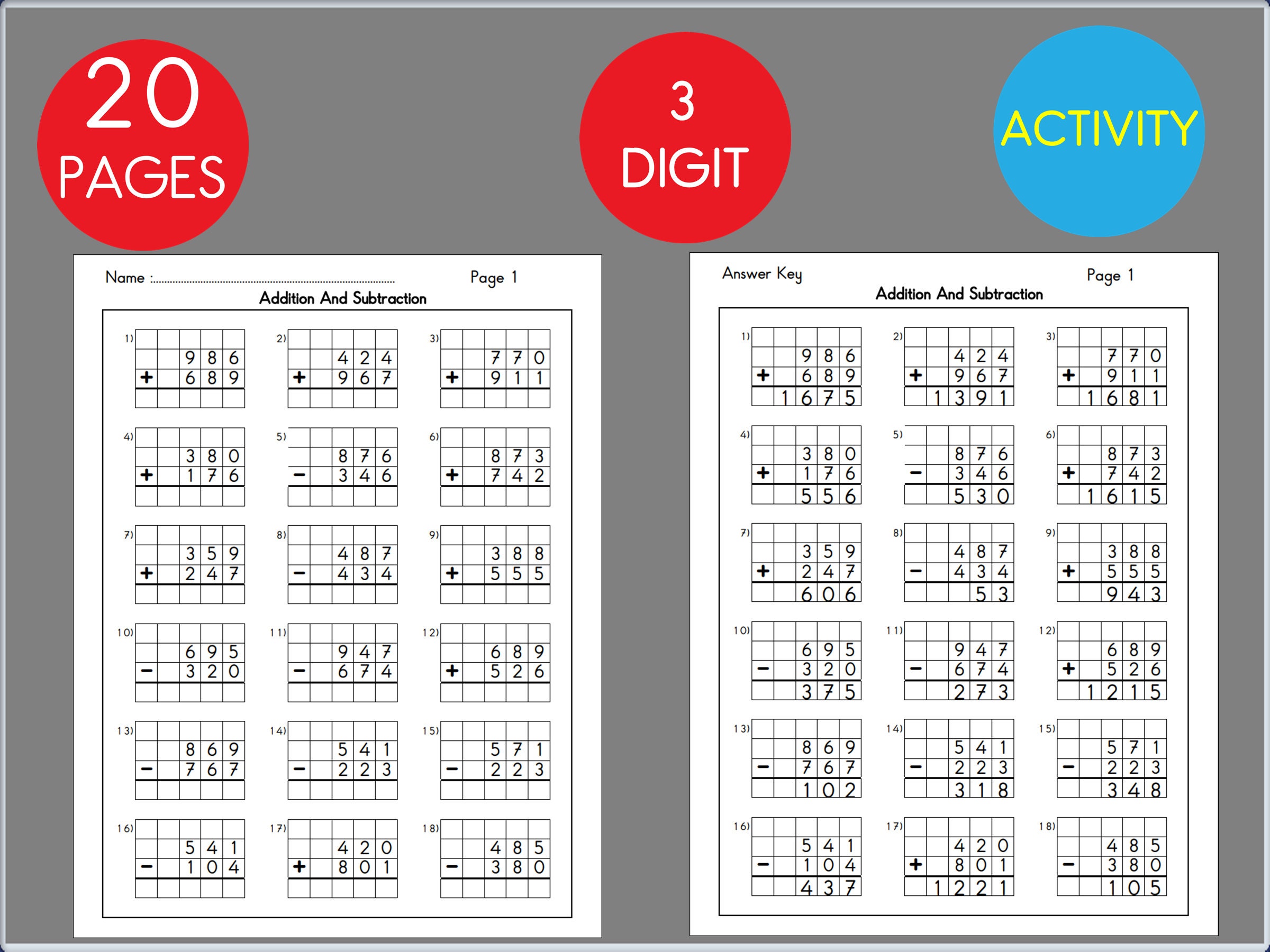 Addition and Subtraction Math Worksheets. 3 Digit & 4 Digit 40 Pages ...