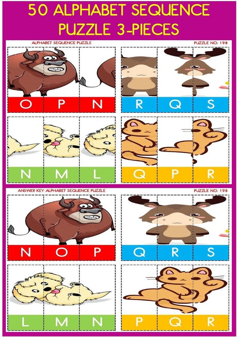 3 Piece Animal Puzzle Alphabet Sequence. Printable Puzzle Activity. - Etsy