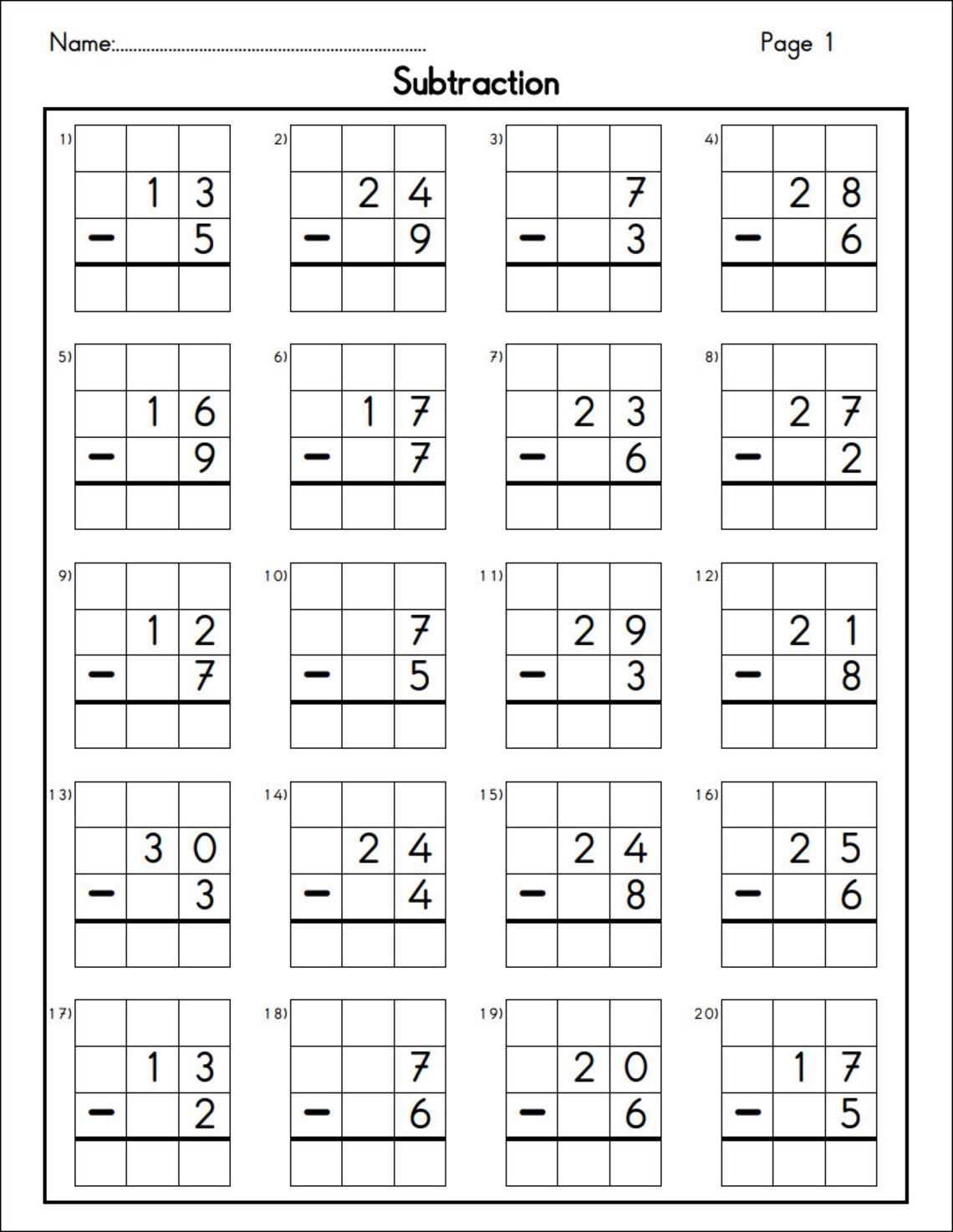 Subtraction Worksheets. 40 Printable Worksheets. Numbers 1-20 & Numbers ...