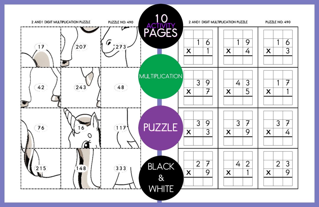 Rompecabezas de multiplicación blanco y negro. 2 y 1 dígito ...