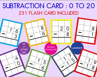 Subtraction Cards - Numbers 0 to 20 - Printable - Flash Cards ...