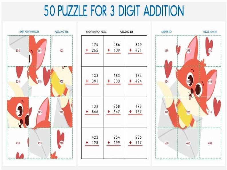 50 Puzzle for 3 Digit Addition. Addition (adding) Animal Puzzles for ...