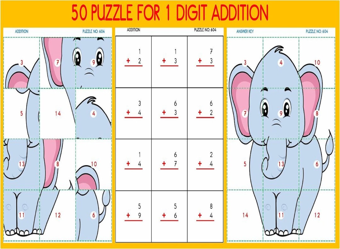 50 Puzzle For 1 Digit Addition. Addition Adding Animal - Etsy México